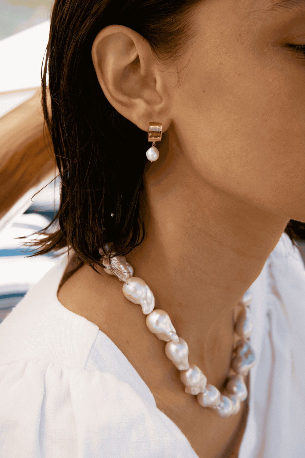 Luxury Designer Gold Pearl Ari Hoops by Christie Nicolaides